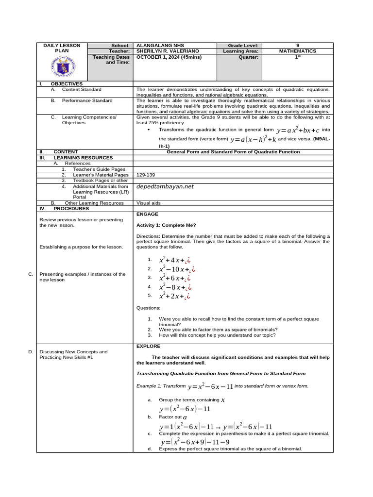 Valeriano - General Form and Standard Form of Quadratic Function | PDF ...