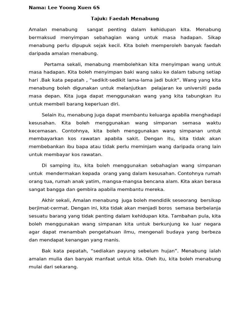 Faedah Menabung Lee Yoong Xuen 6S | PDF | Pengembangan Diri