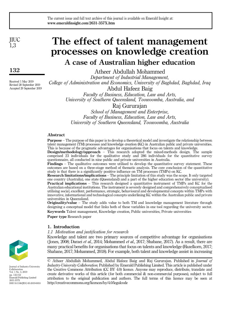 The Effect of Talent Management Processes On Knowledge Creation | PDF | P Value | Quantitative ...
