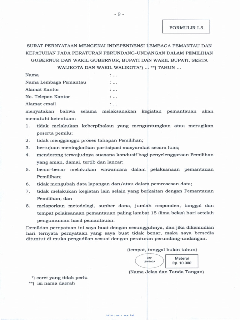 Formulir I.5 - Surat Pernyataan Mengenai Independensi Lembaga | PDF Formulir I.5 - Surat Pernyataan Mengenai Independensi Lembaga | PDF