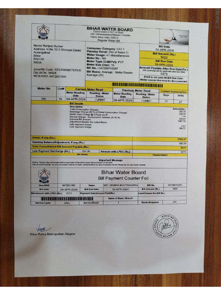 Water Bill + Payment Proof 3 Months | PDF