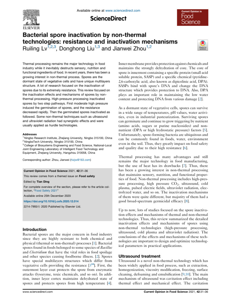 Bacterial Spore Inactivation by Non-Thermal Technologies Resistance and ...