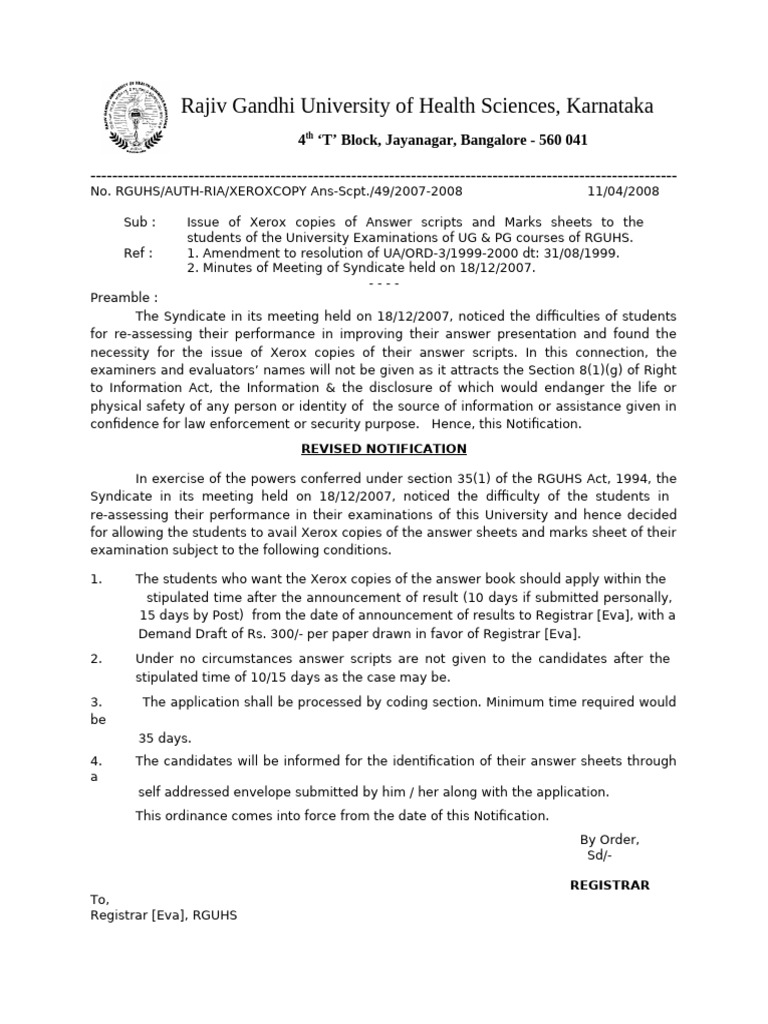 Revised Issue of Xerox Copies of Answer Scripts and Marks Sheets To The Students of The ...