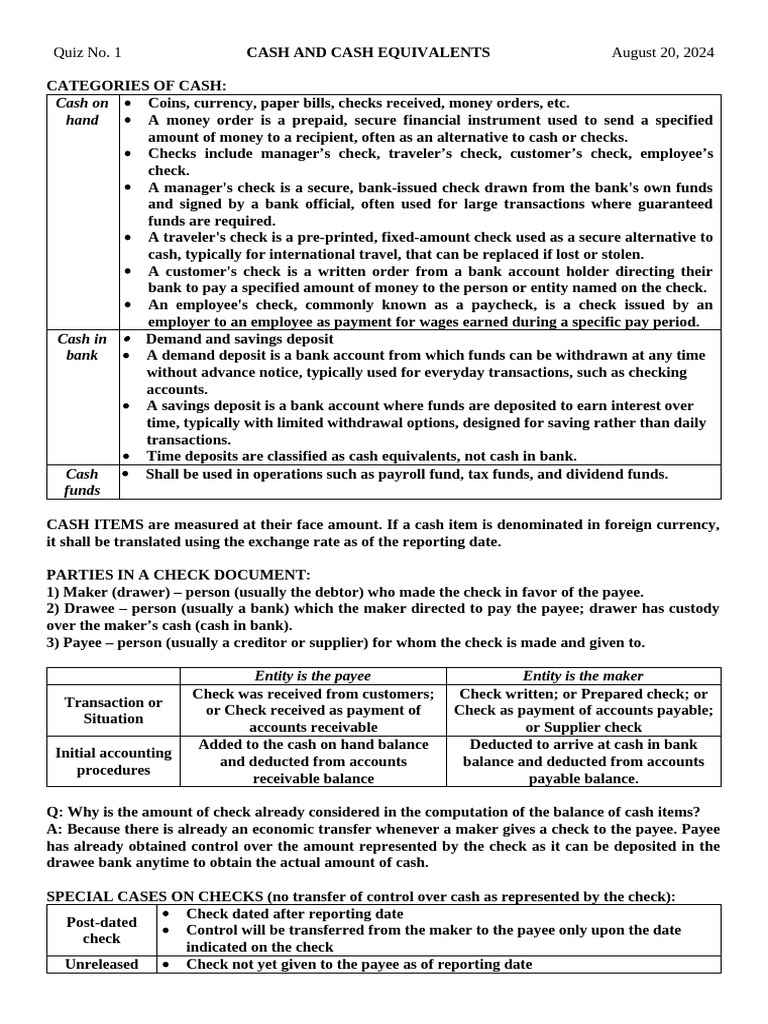 Quiz No. 1 (Cash and Cash Equivalents) Solution | PDF | Cheque | United ...