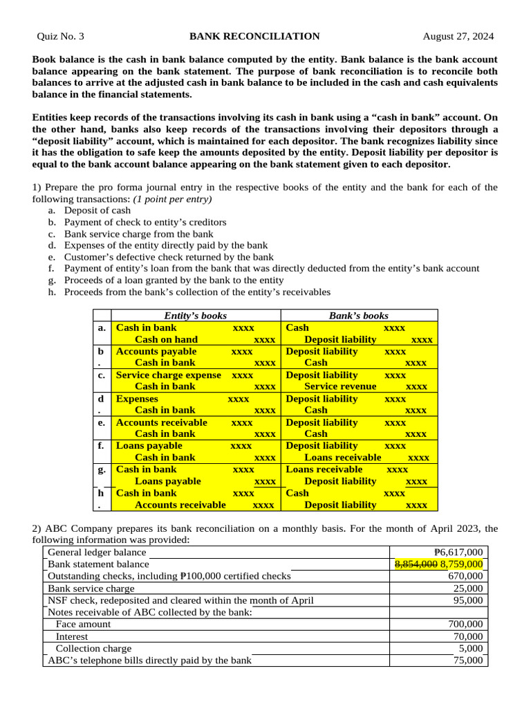 Quiz No. 3 (Bank Reconciliation) Solution | PDF | Banks | Deposit Account