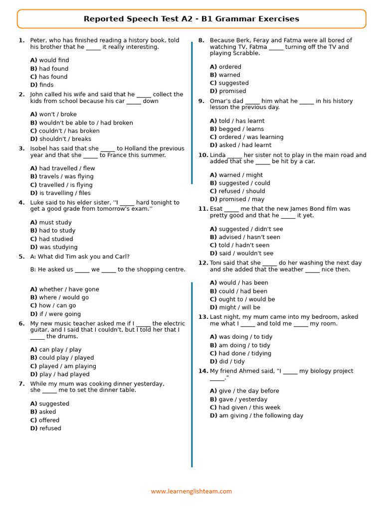 A2-B1 Reported Speech Exercises | PDF | Traffic | Traffic Light