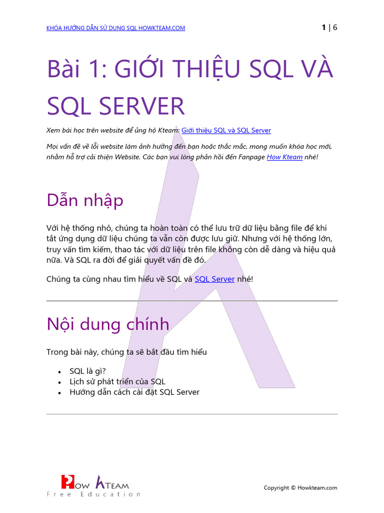 Bài 1 - Giới thiệu SQL và SQL server | PDF