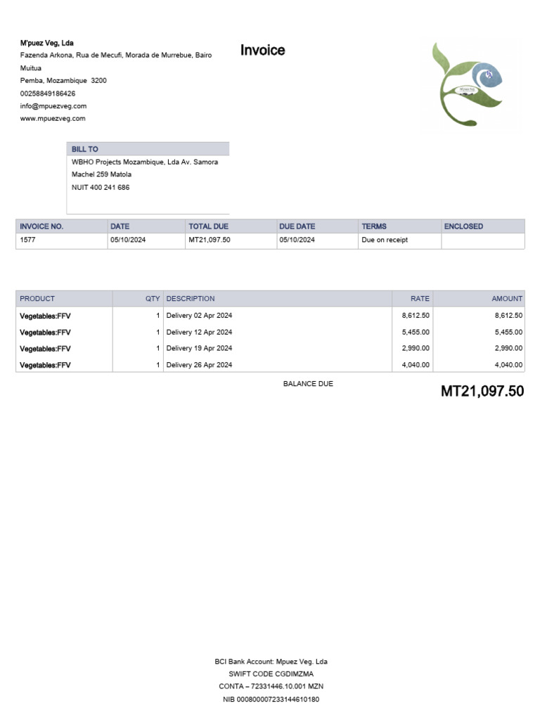 Invoice for WBHO Projects | PDF