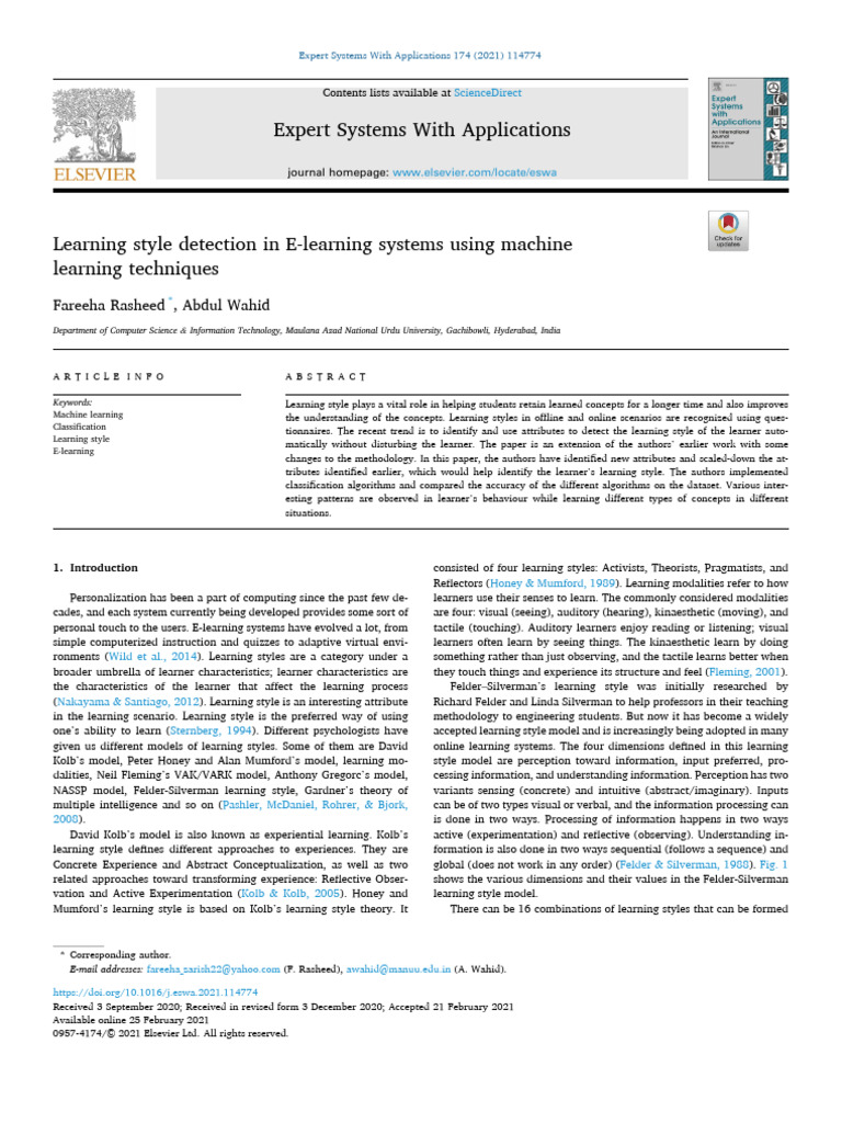 Learning Style Detection in E-Learning Systems Using Machine Learning Techniques | PDF ...