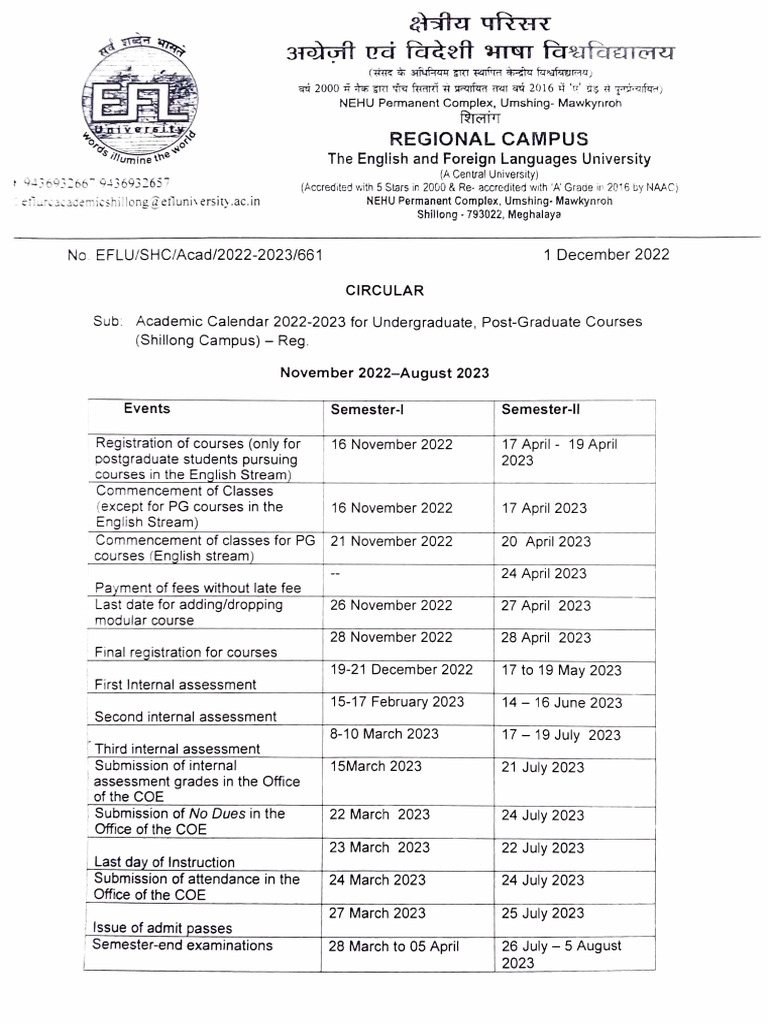 NEHU Academic Calendar 2022-2023 | PDF
