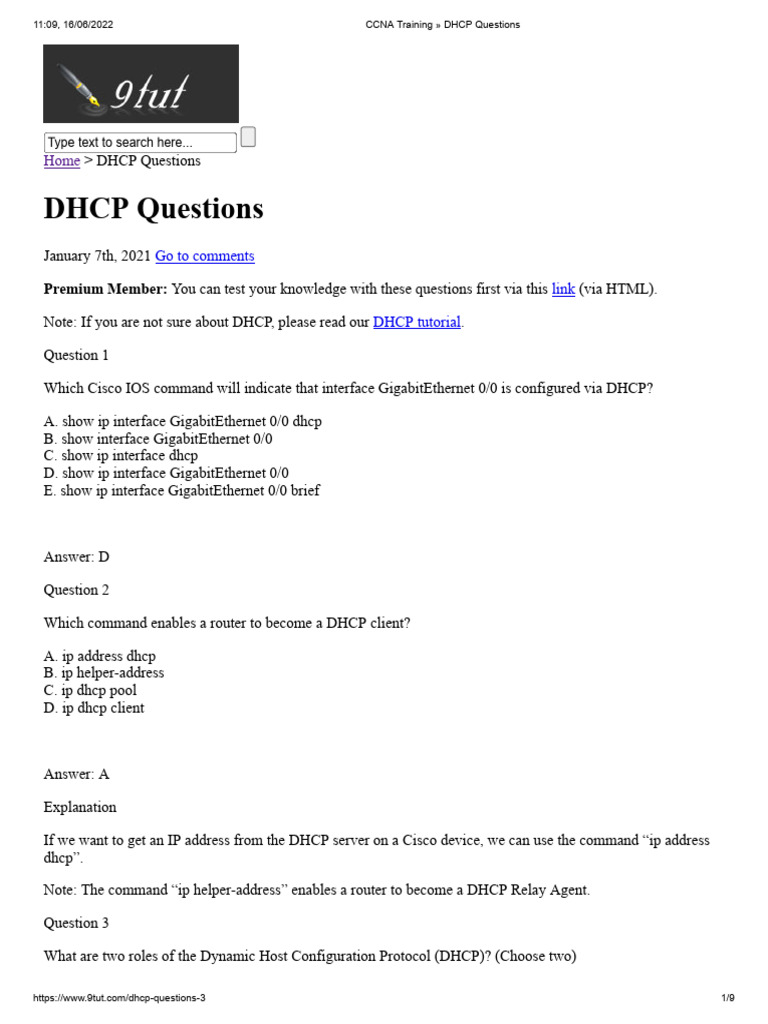 CCNA Training DHCP Questions | PDF | Ip Address | Router (Computing)