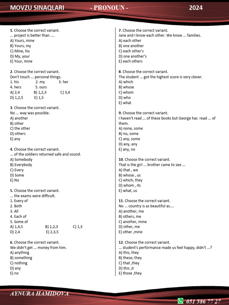 Movzu Sinaqlari 2024 - Pronoun | PDF
