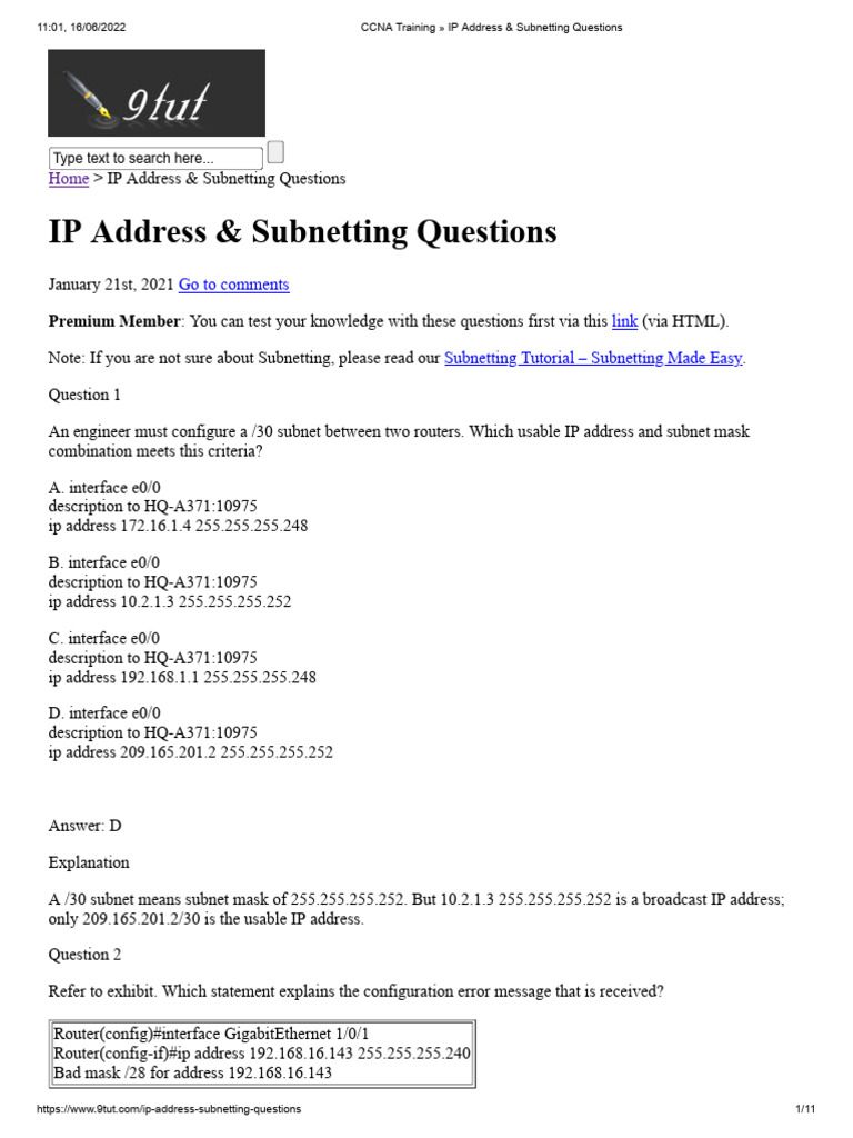 CCNA Subnetting Practice Questions | PDF | Ip Address | Internet Protocols