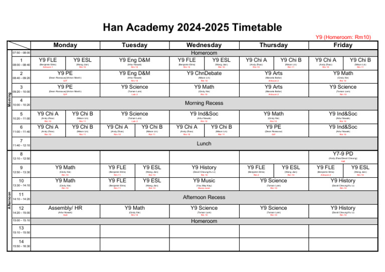 Han Academy 24-25 Timetable 2024.8.14 (Students) - Y9feajwhk | PDF