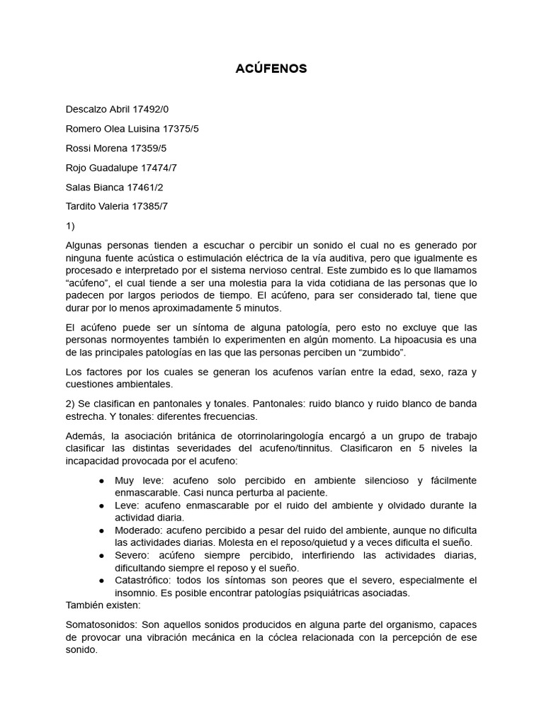 TP Acúfenos. Descalzo, Rojo, Rossi, Romero Olea, Salas, Tardito | PDF | Tinnitus | ruido
