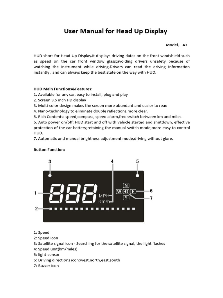 A2 Head Up Display User Manual | PDF | Button (Computing)