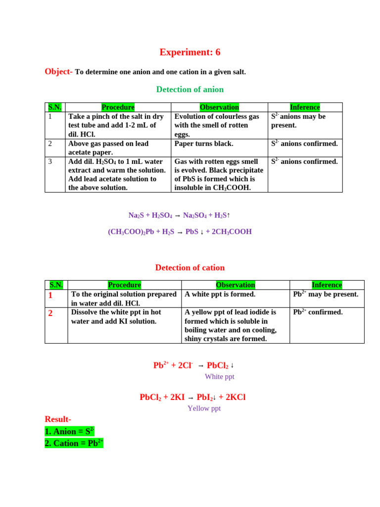 Experiment - 6, Salt Analysis Sulphide and Lead | PDF