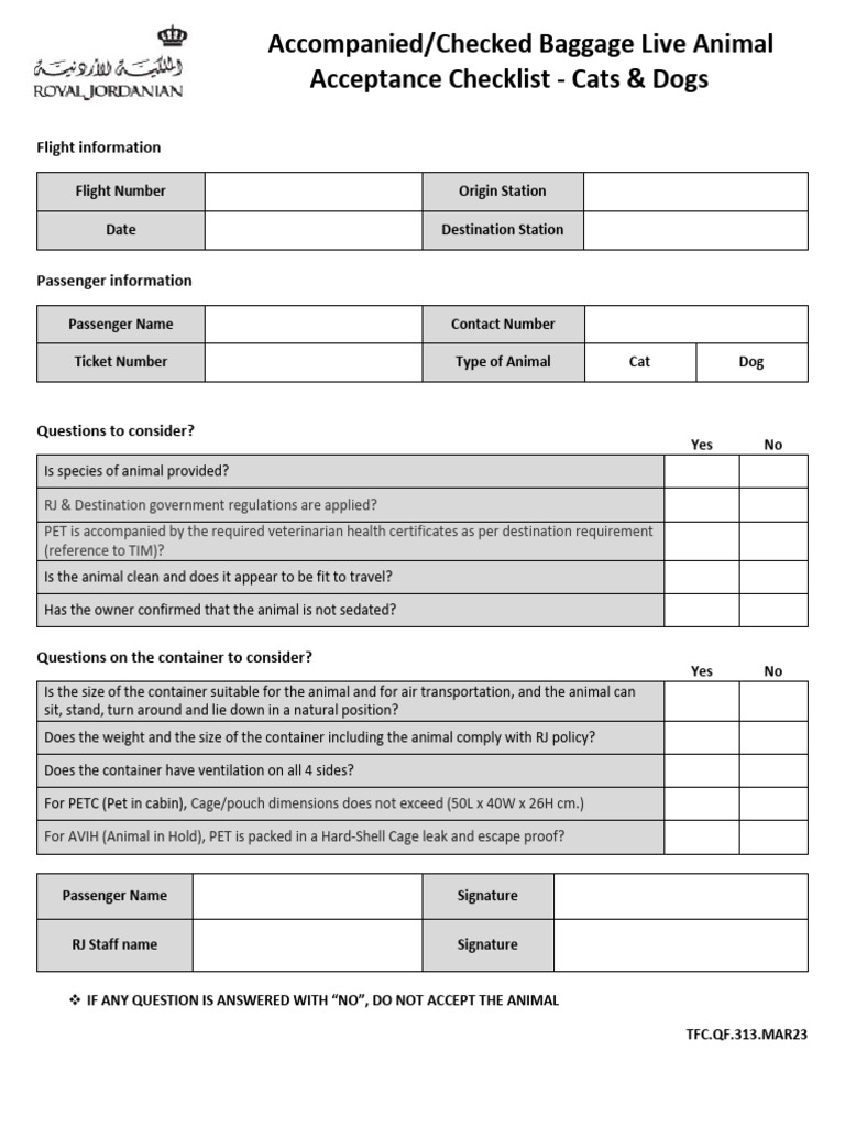 Live Animal Acceptance Checklist for Travel | PDF