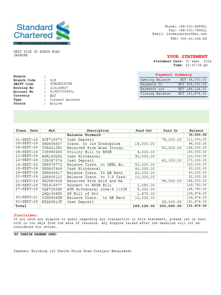 Your Standard Chartered Bank Account Details From 01 SEPTEMBER 2024 To ...