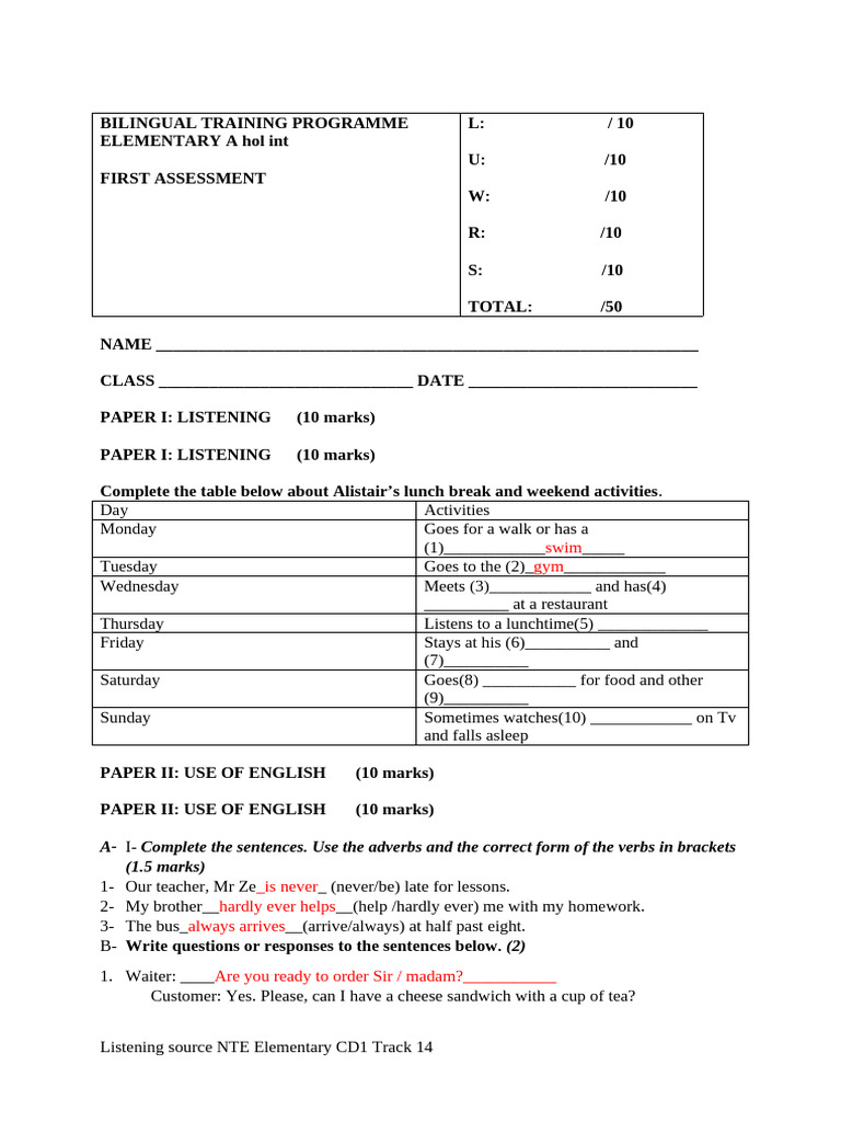 ELEMENTARY A Hol Int KEY | PDF | Linguistics | Syntax