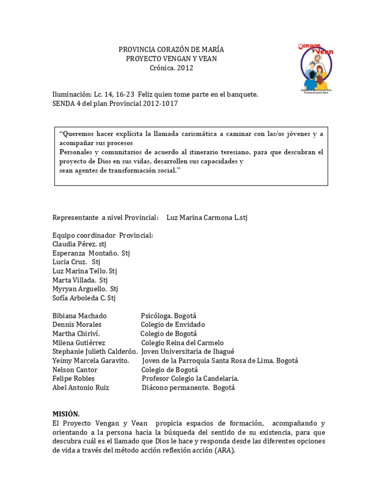 Crónica 2012 Proyecto Vengan y Vean | PDF | Oración