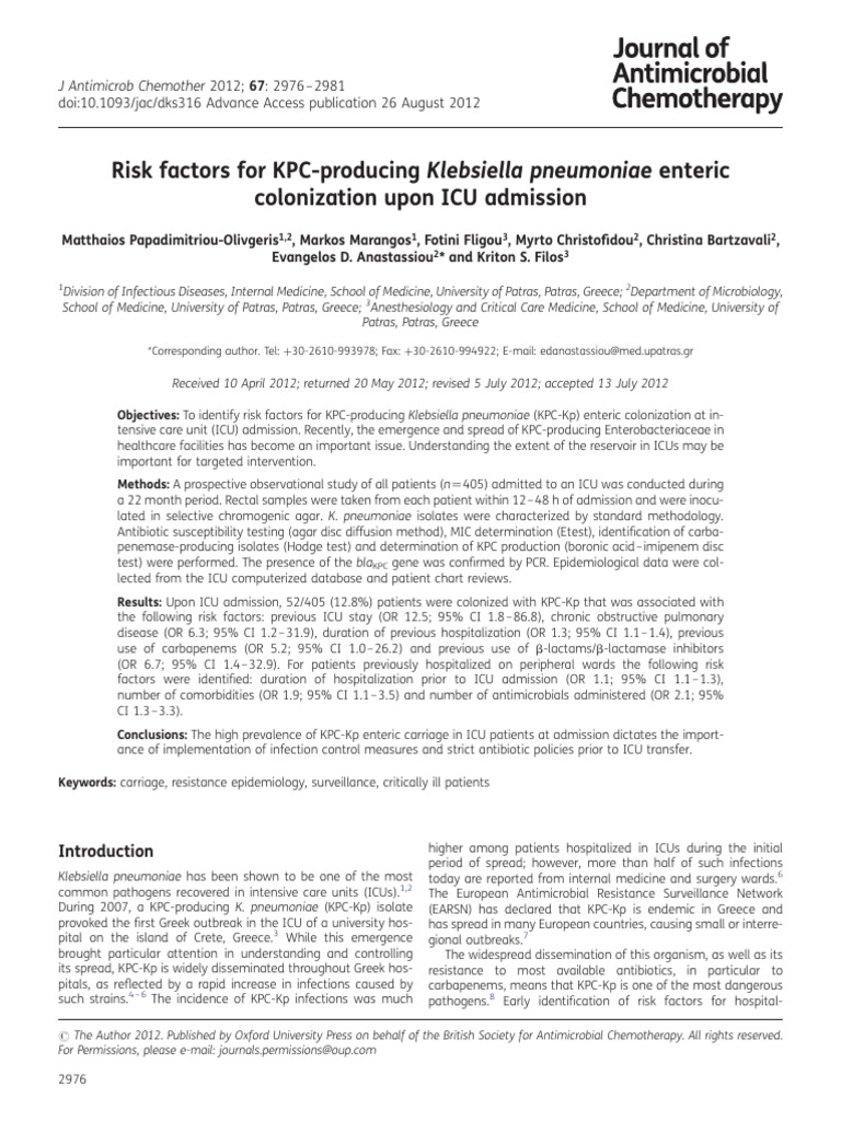 KPC Enteric Colonization | PDF | Intensive Care Unit | Beta Lactamase