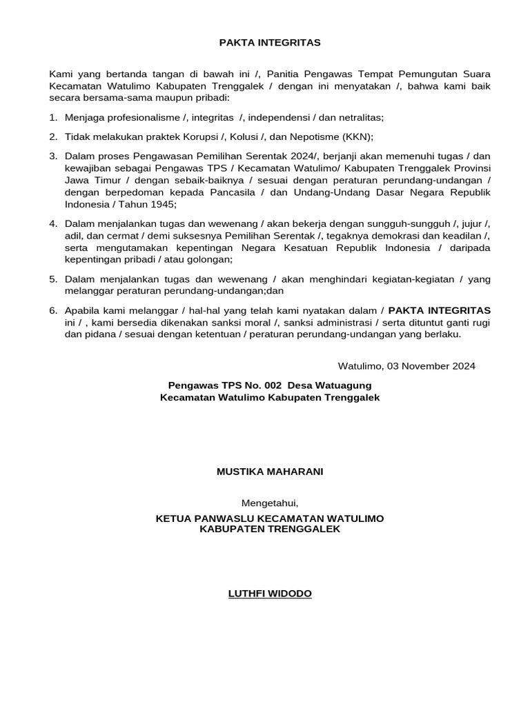 4 Pakta Integritas PTPS Pilkada 2024 | PDF