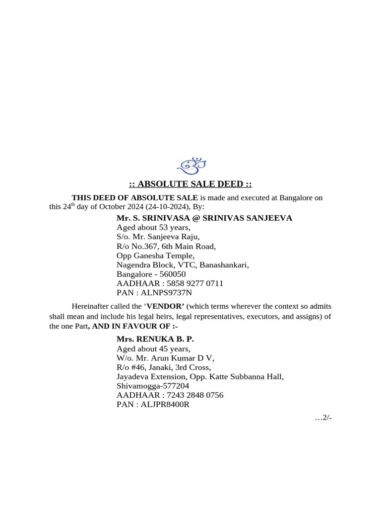 BDA Sale Deed for Apartment B5-1205 | PDF | Covenant (Law) | Property Law