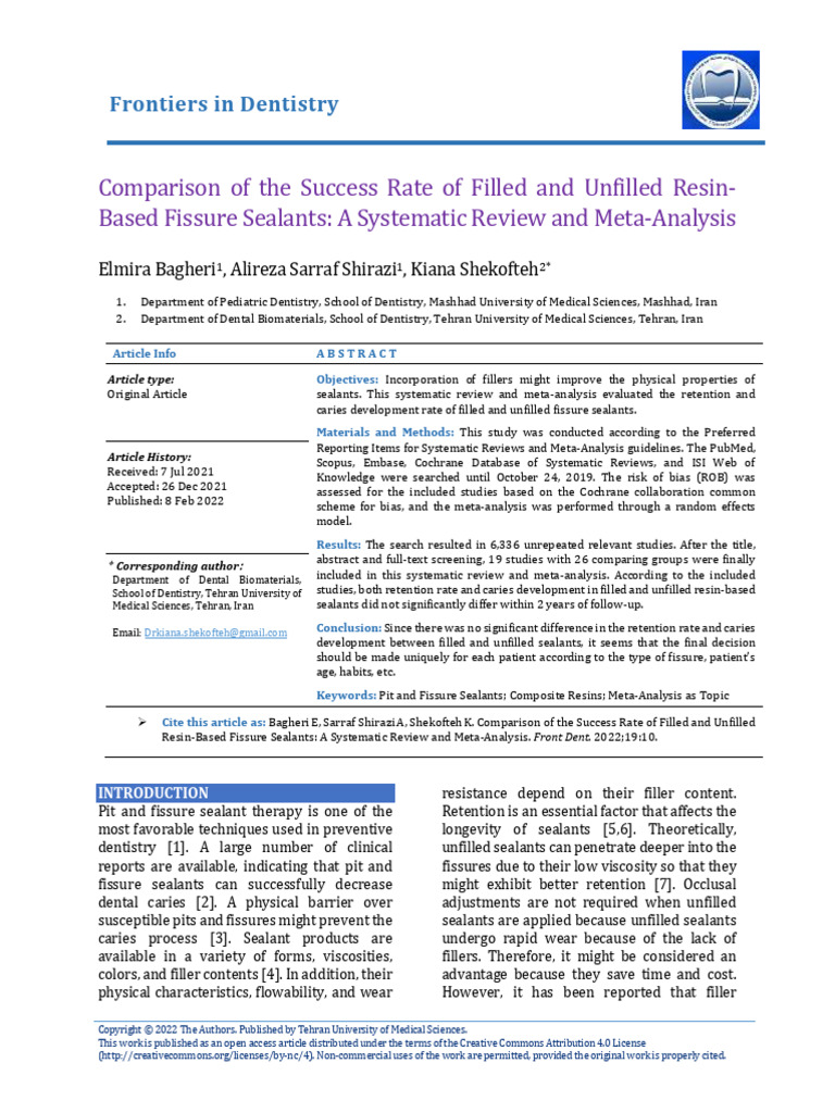 Comparison of The Success Rate of Filled and Unfilled ResinBased ... Comparison of The Success Rate of Filled and Unfilled ResinBased ...