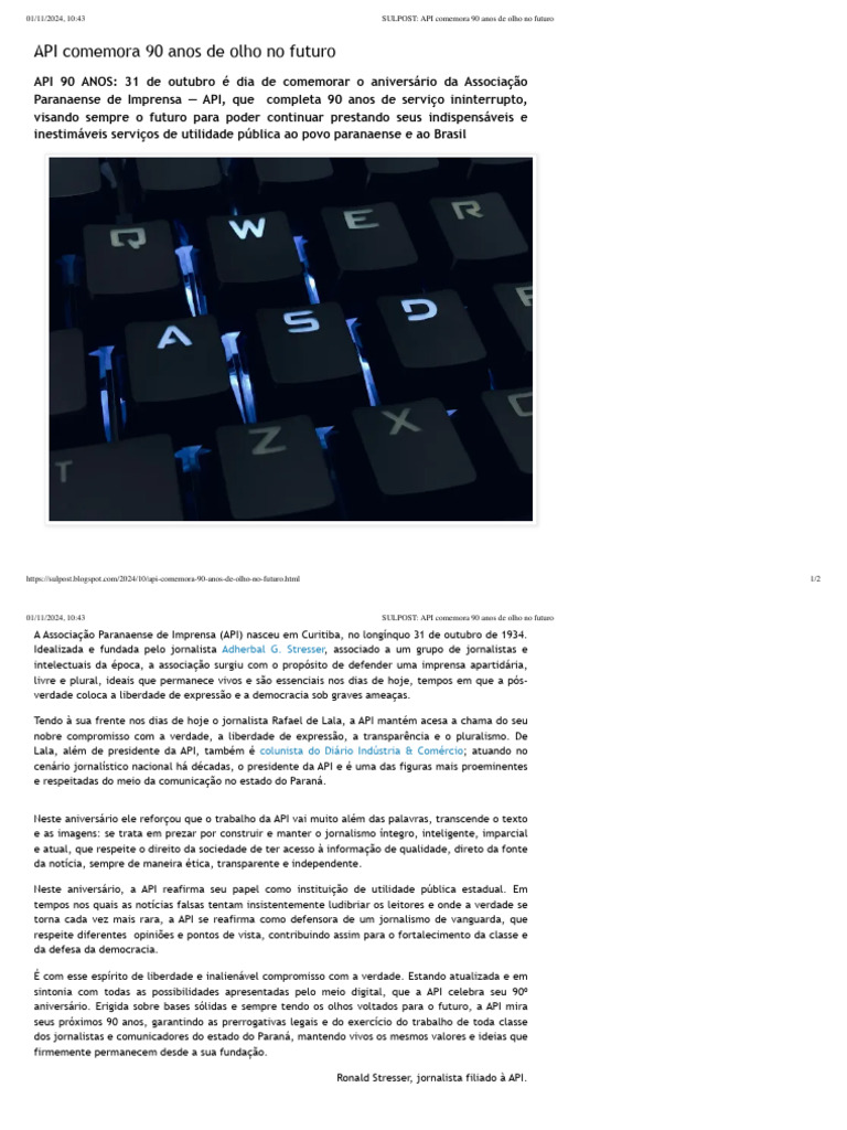 SULPOST - API Comemora 90 Anos de Olho No Futuro | PDF | Jornalismo ...