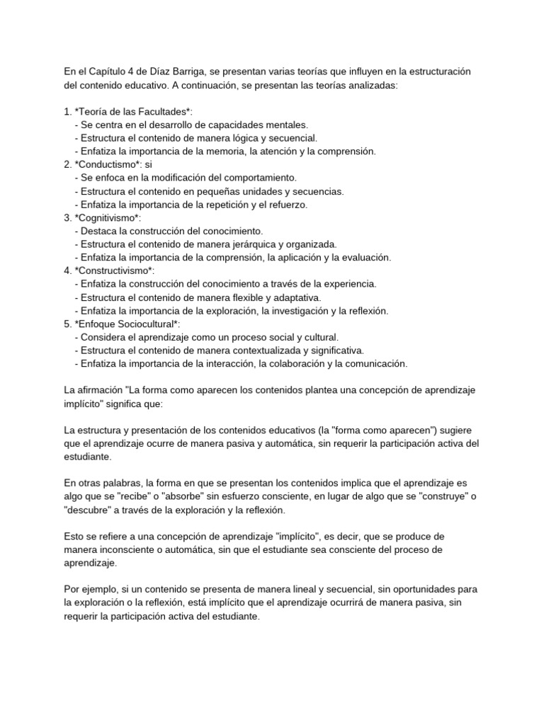 En El Capítulo 4 de Díaz Barriga, Se Presentan Varias Teorías Que Influyen en La Estructuración ...
