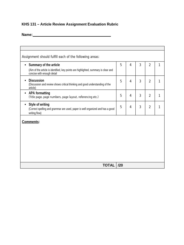 Article Review Assignment Grading Rubric | PDF