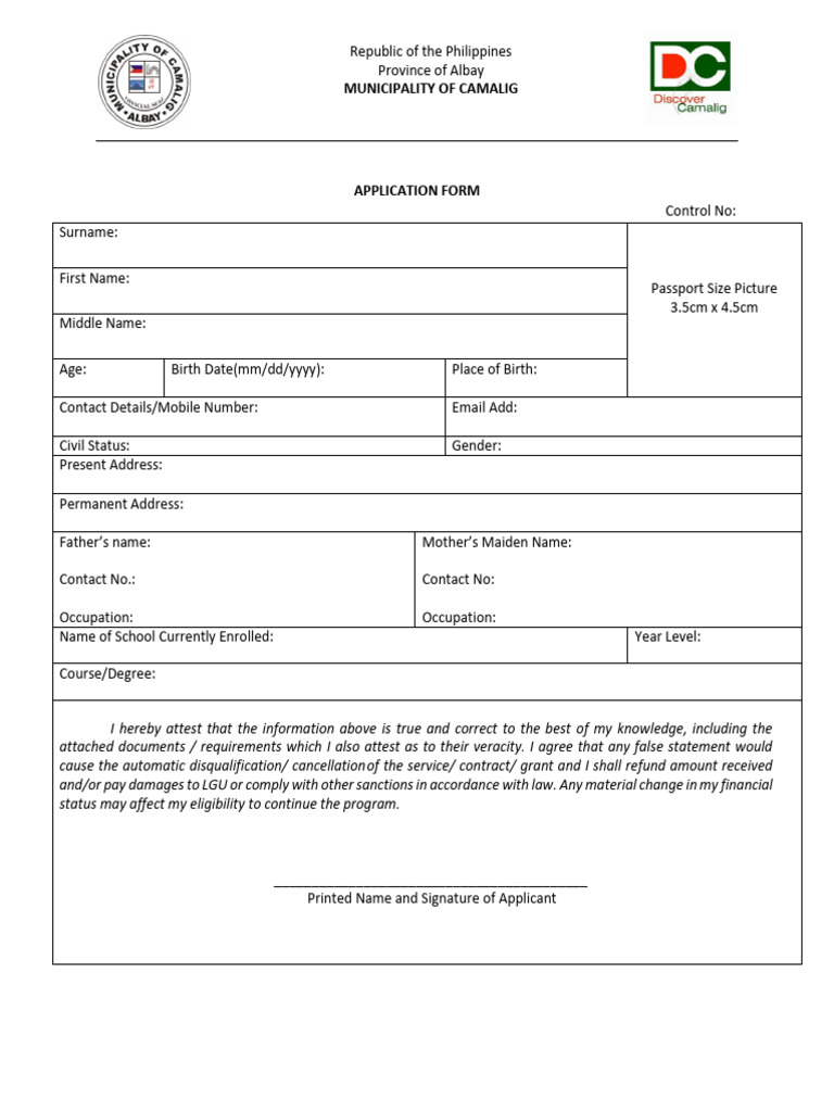 Camalig Municipality Application Form | PDF