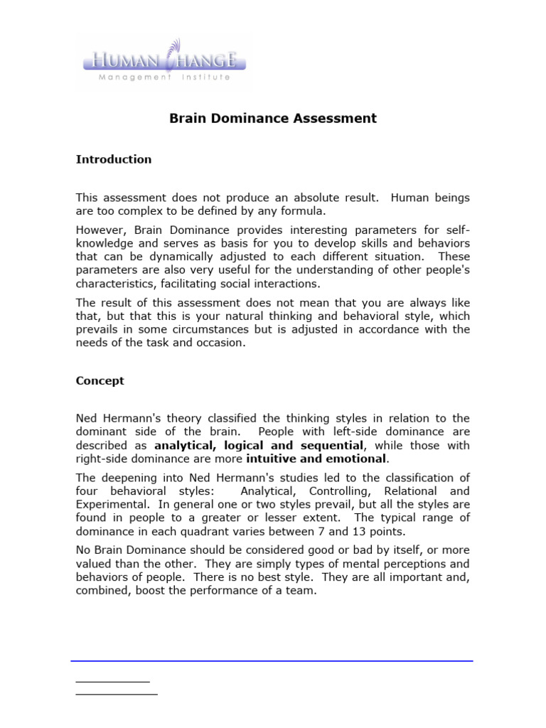 Brain Dominance Assessment Guide | PDF | Thought | Empathy