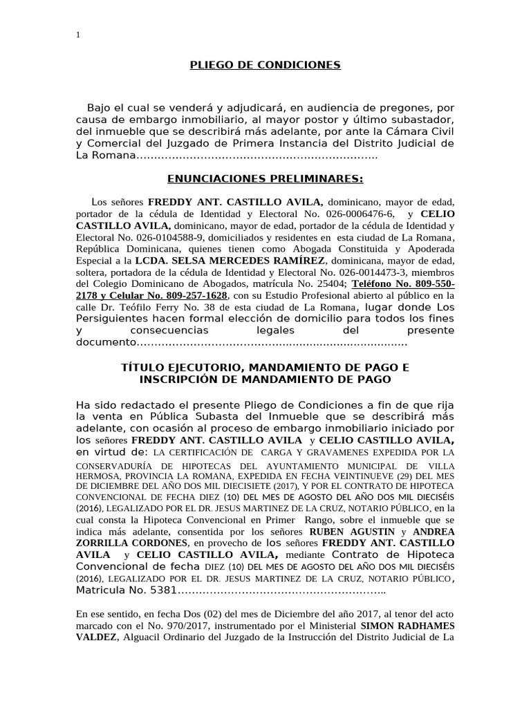 Pliego de Condiciones 2018 | PDF | Subasta | Ley de hipotecas