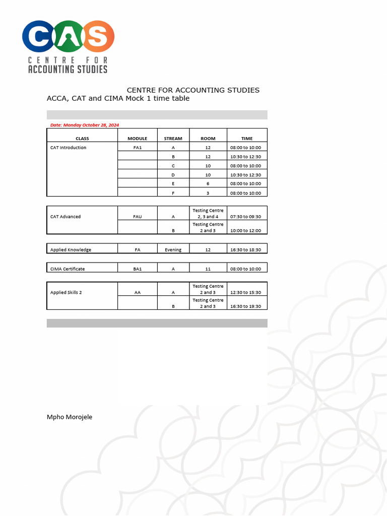 Centre For Accounting Studies ACCA, CAT and CIMA Mock 1 Time Table ...