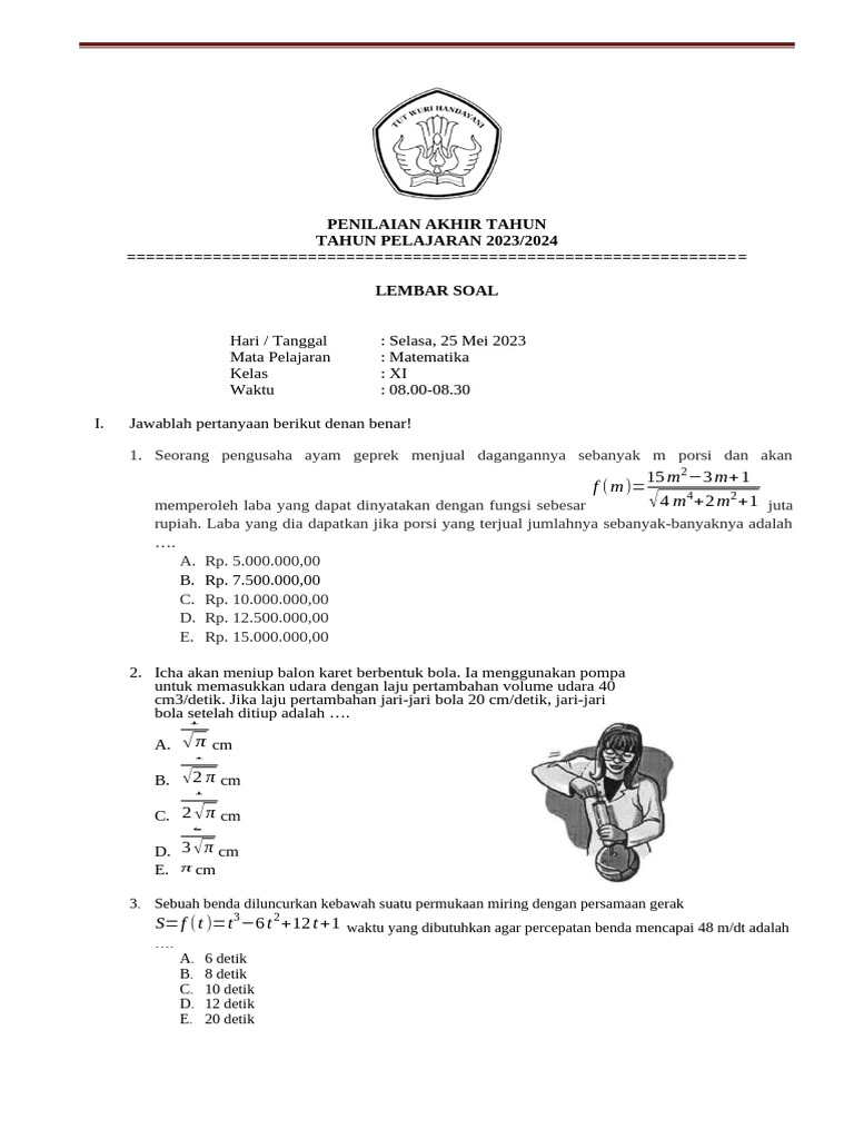 Soal PAT Matematika Kelas XI SMA (WWW - Kherysuryawan.id) | PDF