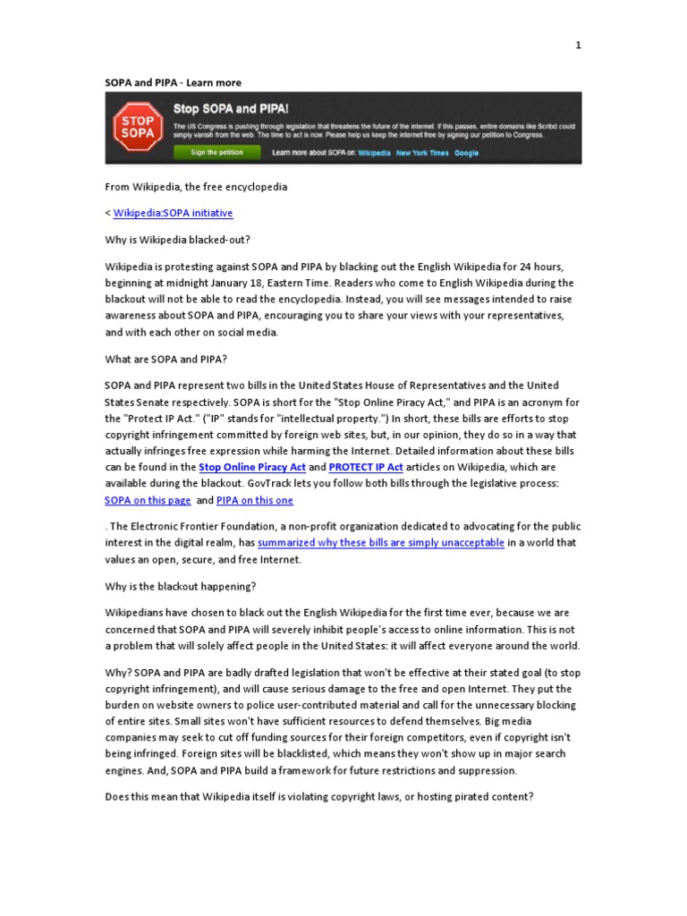 Wikipedia's Protest Against SOPA/PIPA | PDF | Wikipedia | Copyright ...
