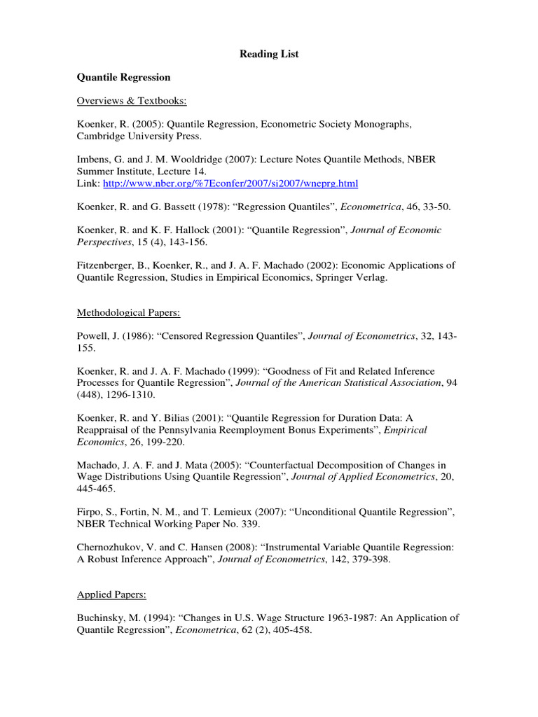 Reading List Quantile Regression Pdf Econometrics Regression Analysis