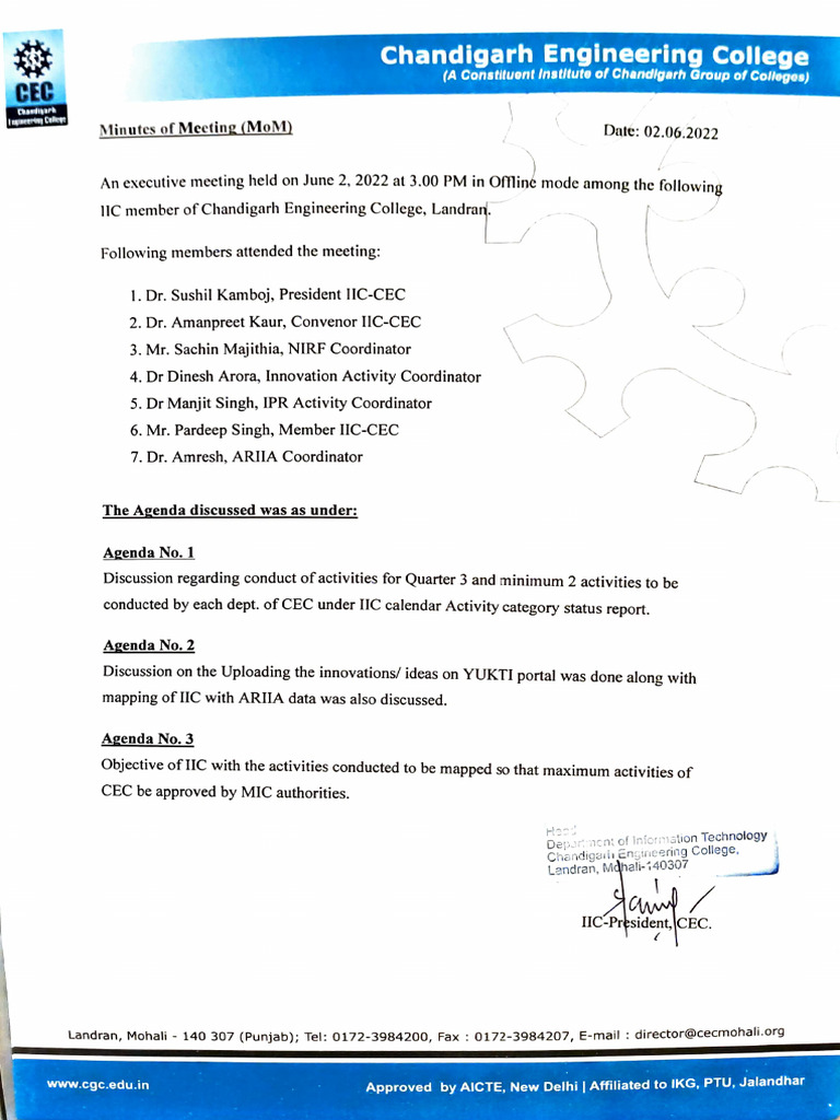 Chandigarh Engineering College Meeting Minutes | PDF