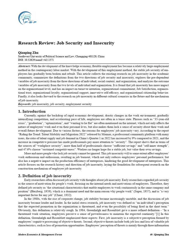 Research Review Job Security and Insecurity | PDF | Employment | Job ...