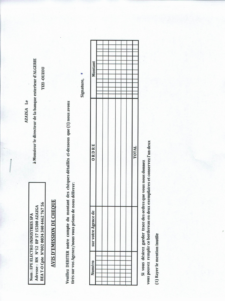 Avis D'émission de Chèque de Banque BEA | PDF
