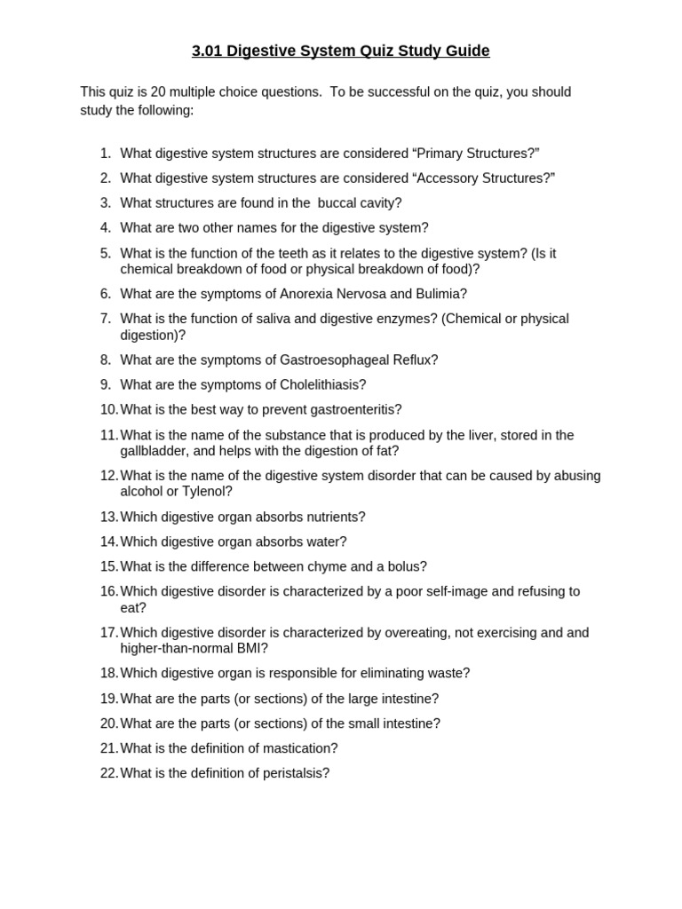3.01 Digestive System Quiz Study Guide | PDF