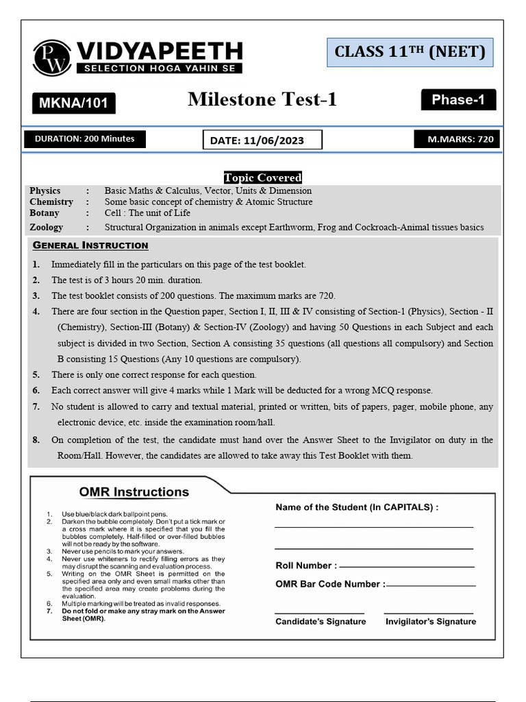 Milestone Test 01 - Test Paper | PDF | Cell (Biology) | Endoplasmic ...