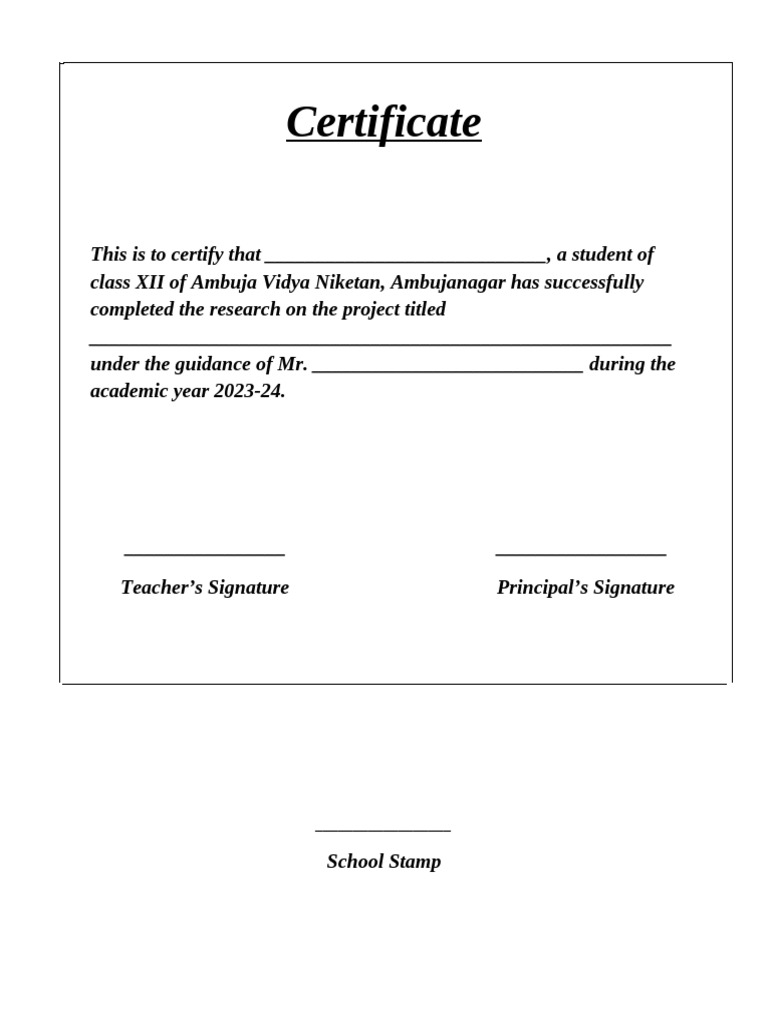 Class 12 Economics Project Certificate | PDF