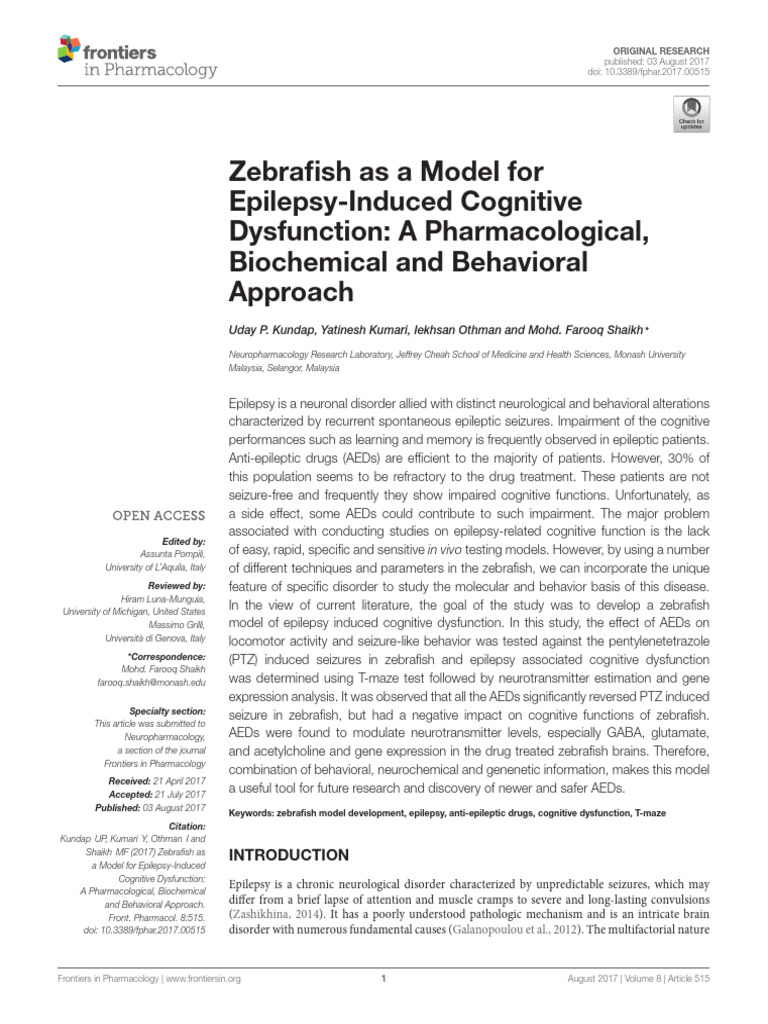 Zebrafish Model for Epilepsy Research | PDF | Epilepsy | Electrospray ...