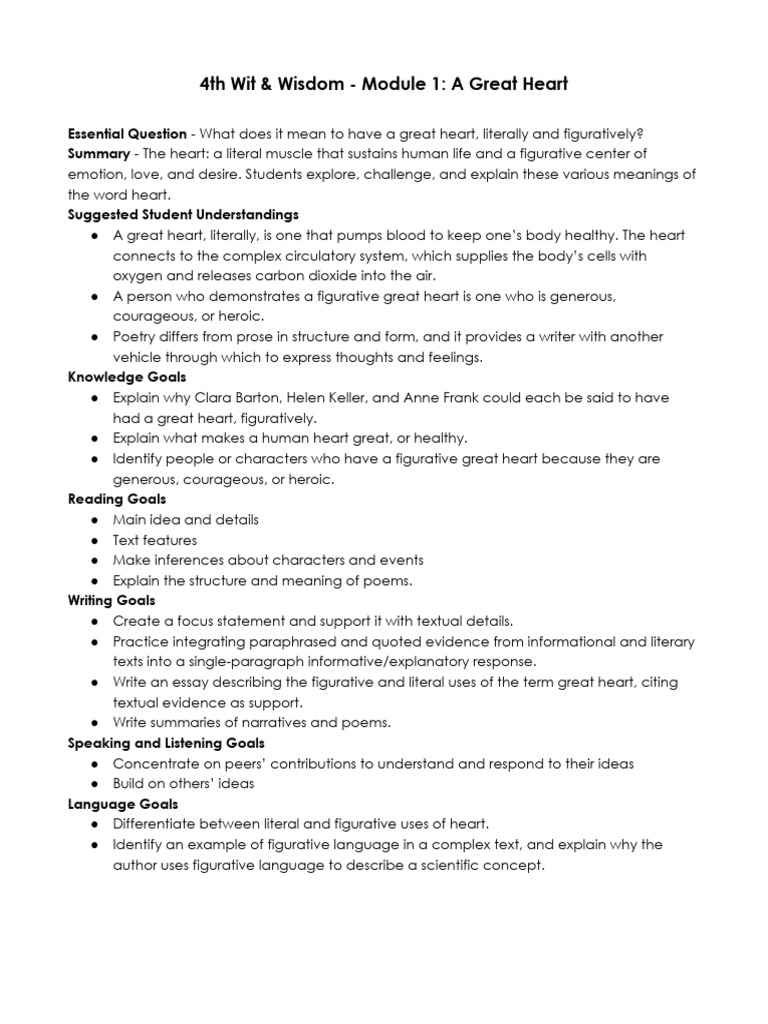 4th Wit & Wisdom - Module 1 A Great Heart | PDF | Information | Heart