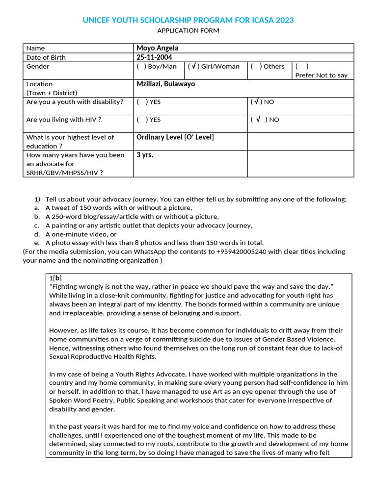 Youth Scholarship Application Form - Angela - Moyo | PDF | Gender ...