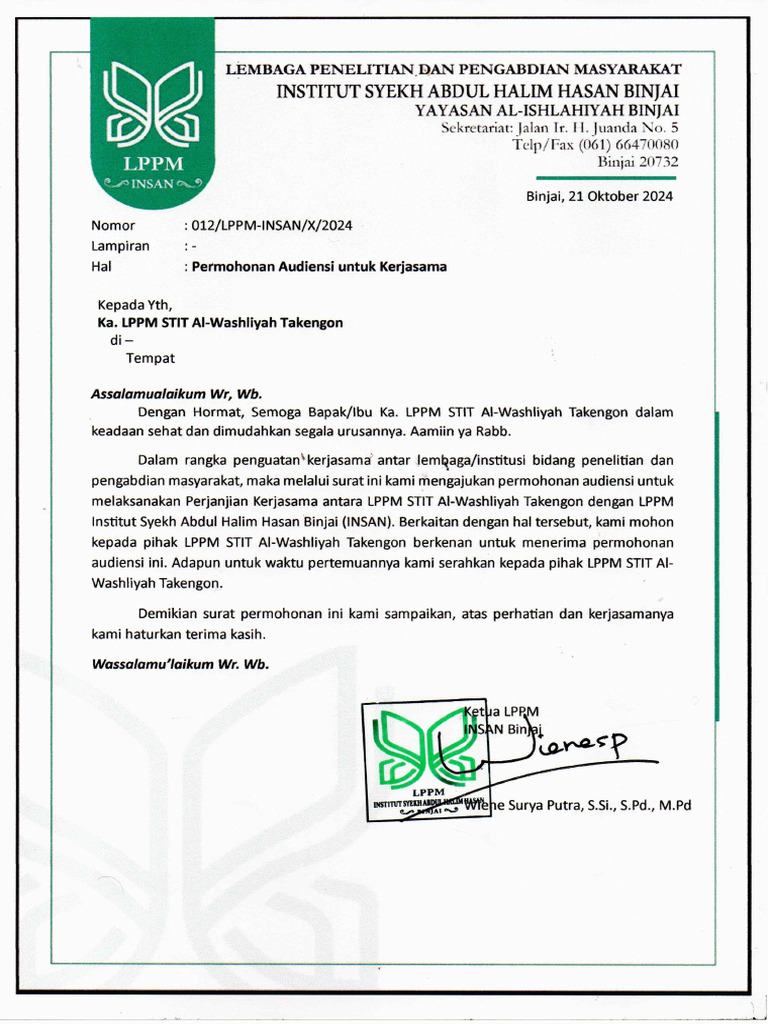 Surat Audiensi LPPM STIT Al-Washliyah Takengon | PDF