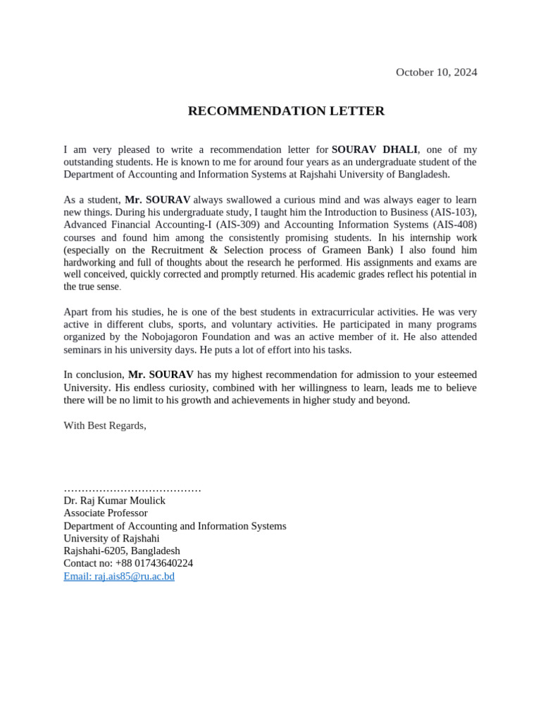 LOR From University Professor-1 | PDF | Finance & Money Management